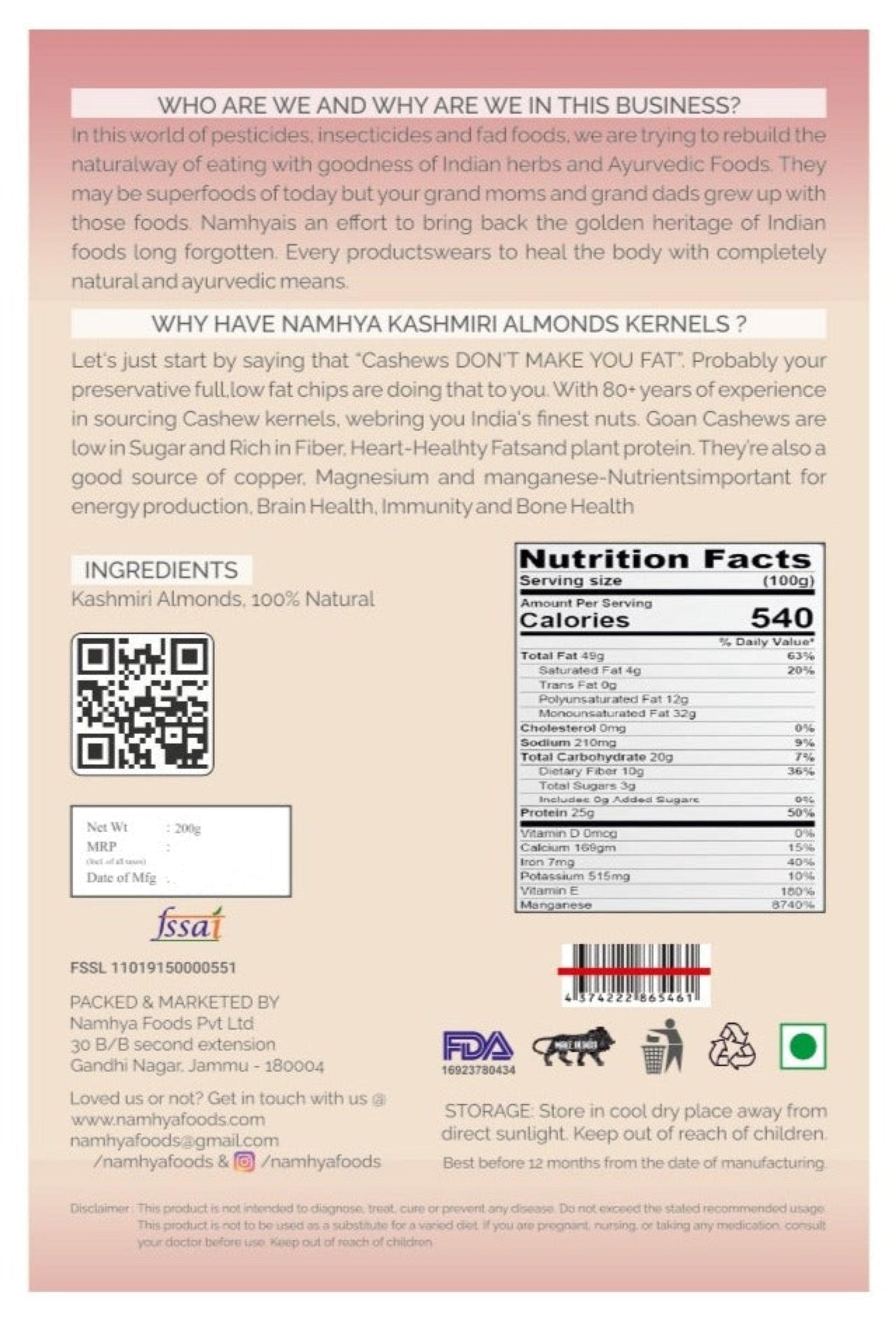 Namhya Premium Kashmiri Almond Kernels- Rich in Nutrients and Omega 3 ...